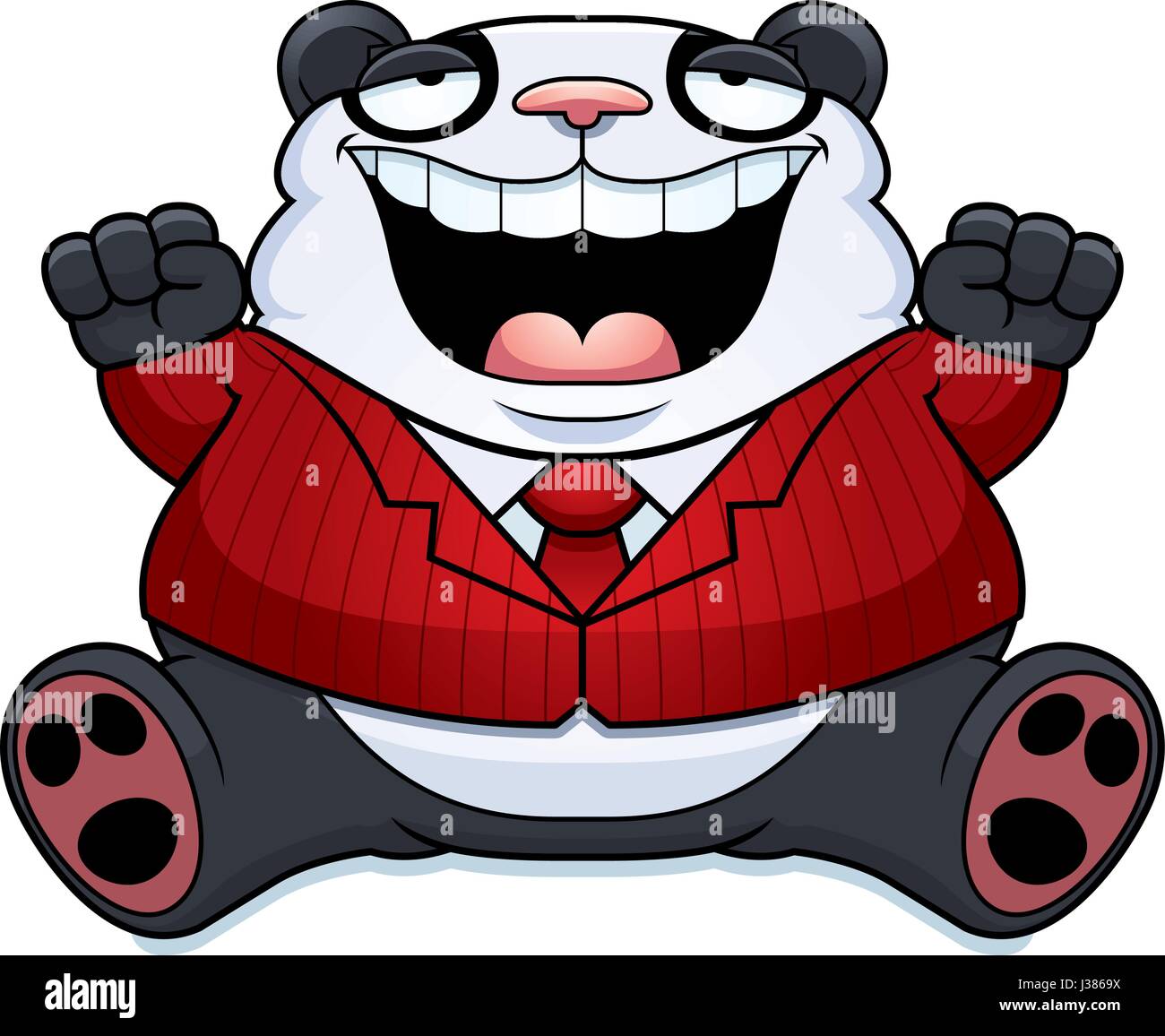 A cartoon illustration of a fat panda bear in a suit smiling and ...