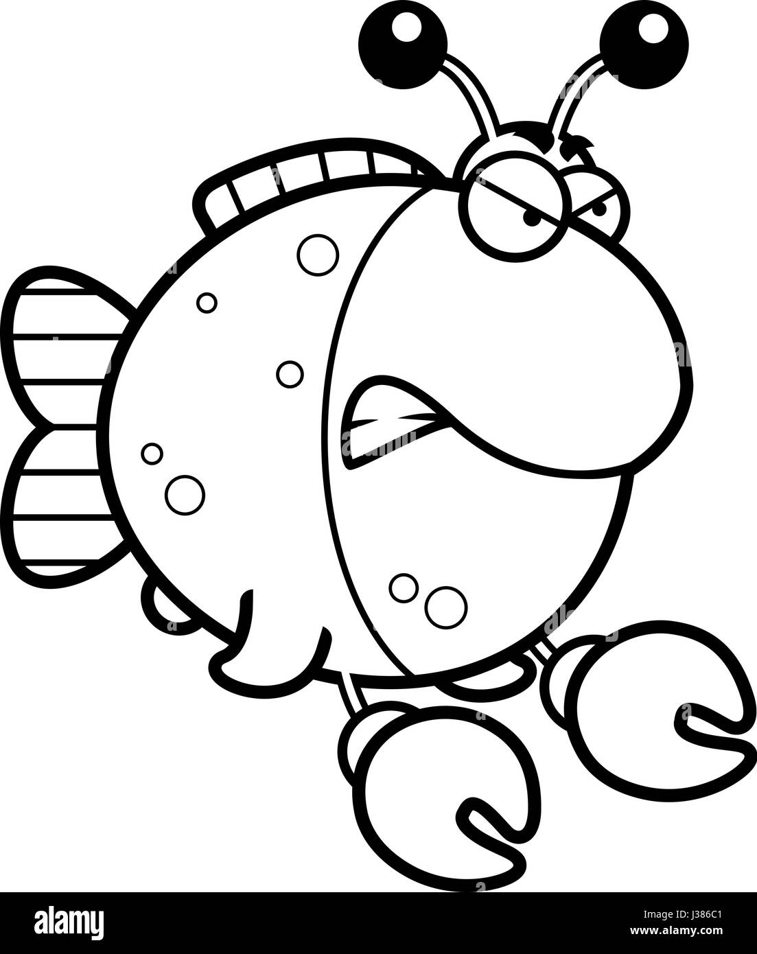 A cartoon illustration of a fish dressed as a crab with an angry ...