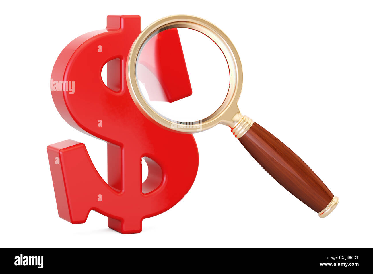 red dollar symbol with magnifier, 3D rendering isolated on white ...