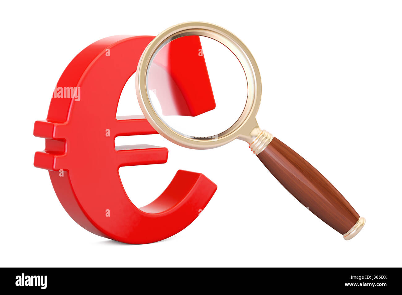 red euro symbol with magnifier, 3D rendering isolated on white ...