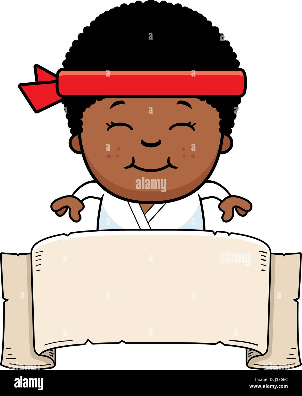 A cartoon illustration of a karate kid with a banner sign Stock Vector ...