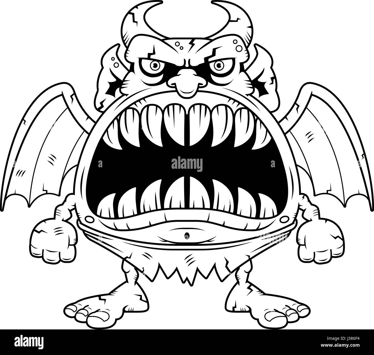 A cartoon illustration of a gargoyle with a big mouth full of sharp ...