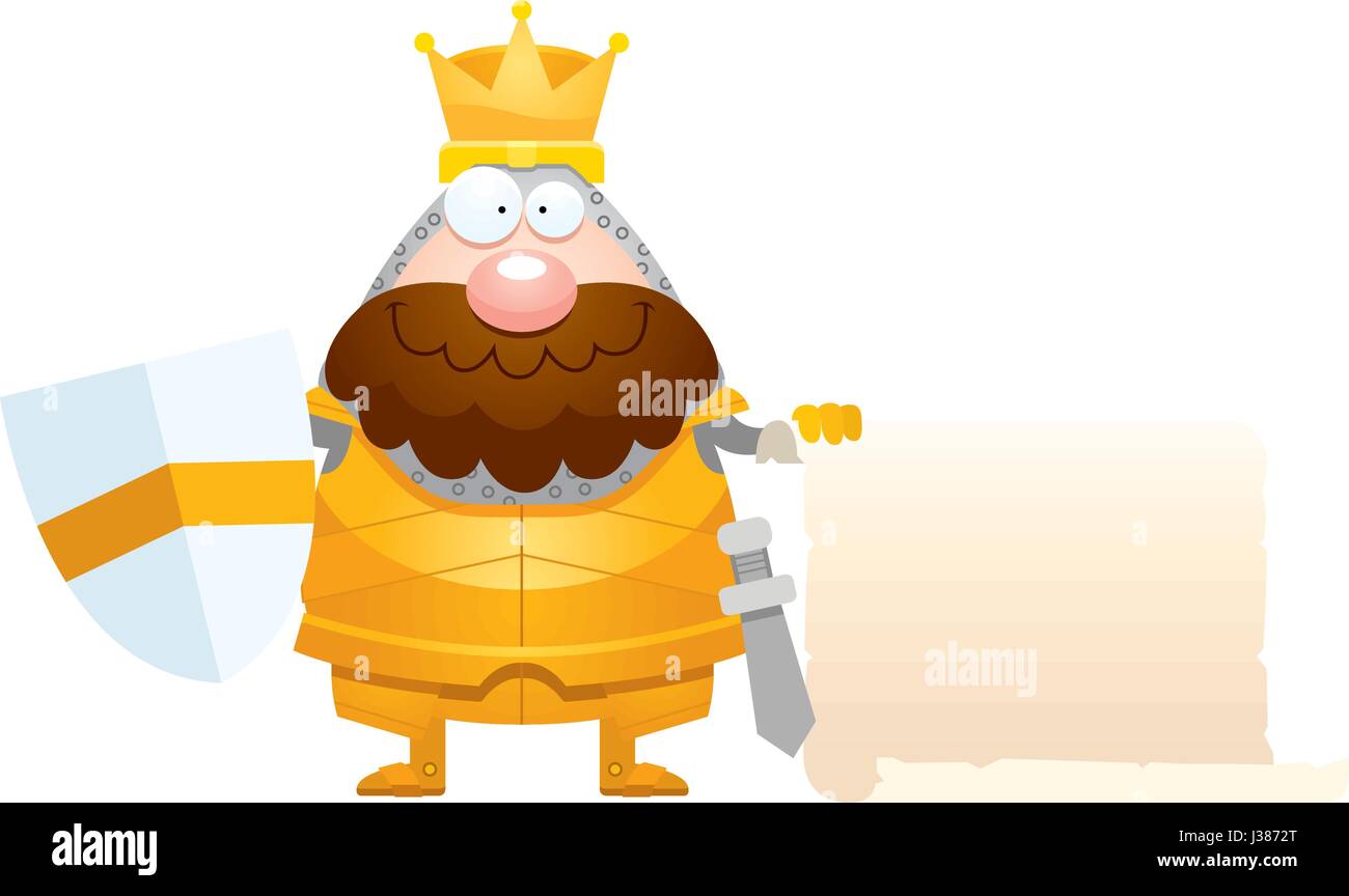 A cartoon illustration of a king in armor with a sign Stock Vector ...