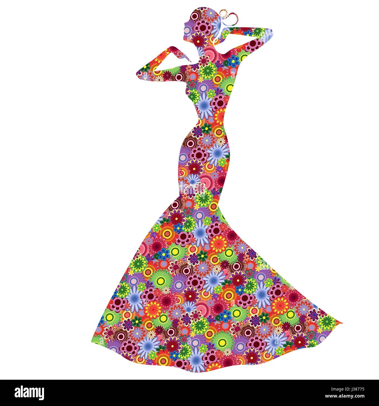 Abstract Graceful single Lady in long gown, vector stencil fill with ...