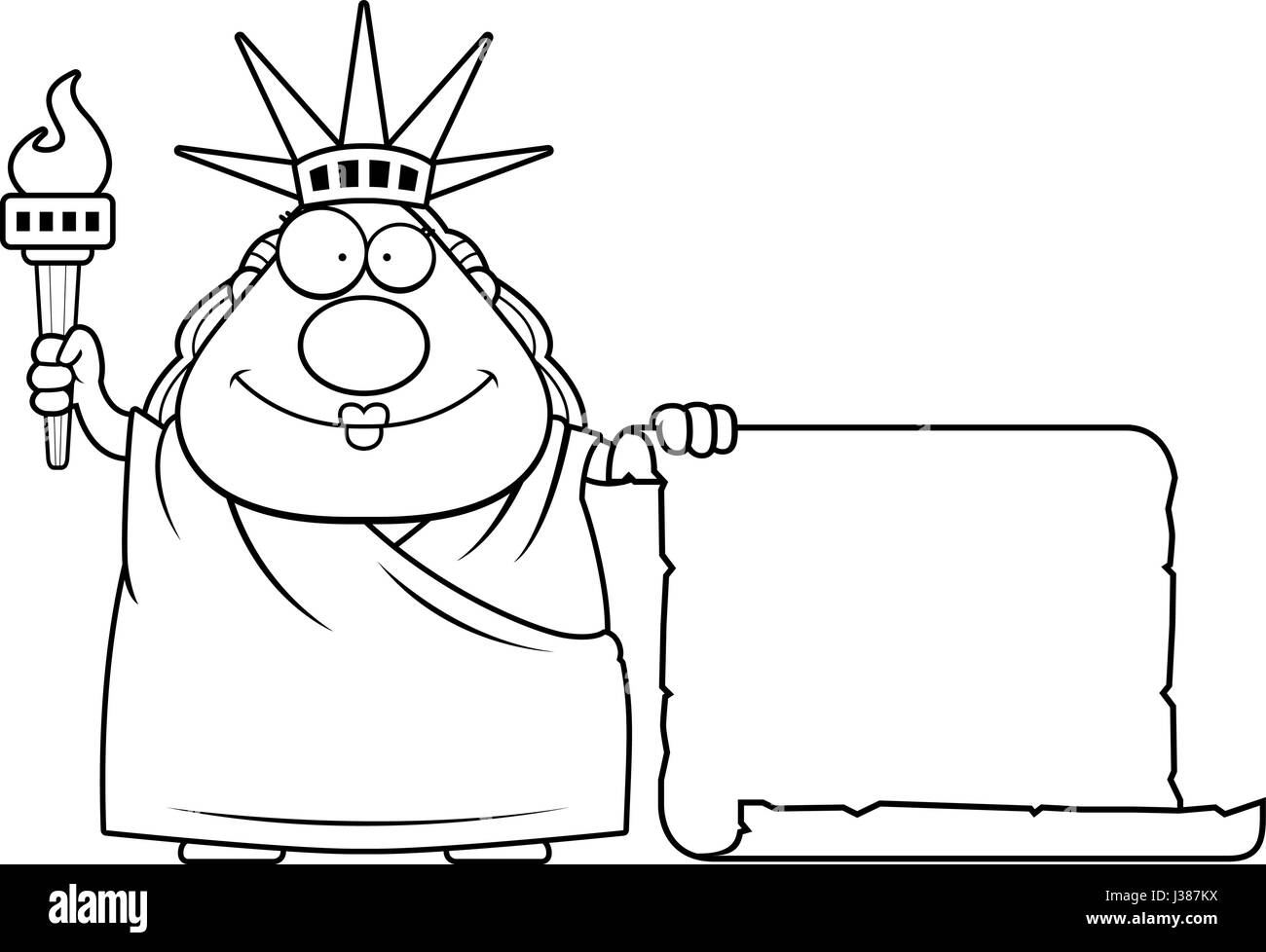A cartoon illustration of the Statue of Liberty with a sign Stock ...