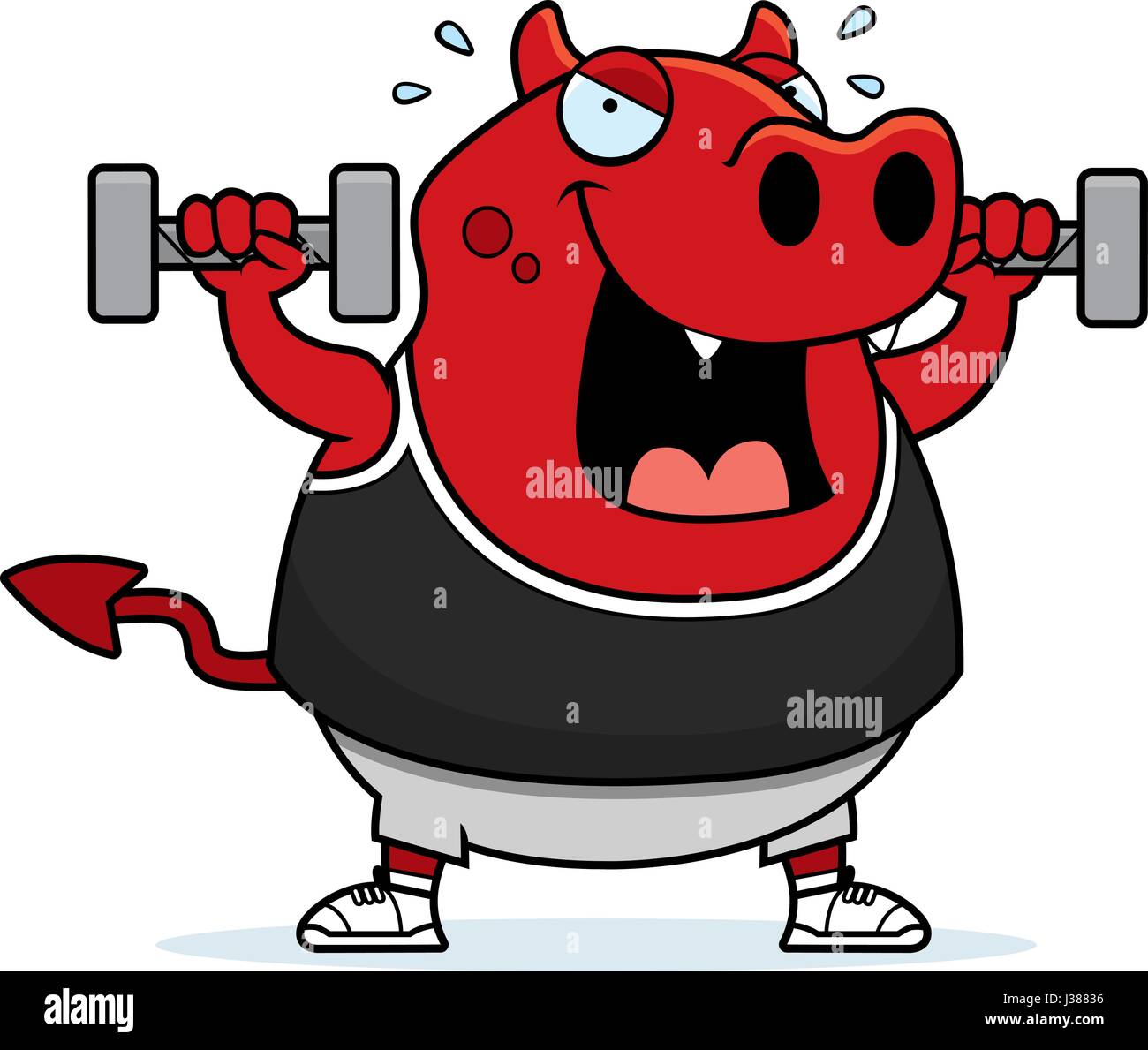 A cartoon illustration of a devil lifting dumbbell weights Stock Vector ...
