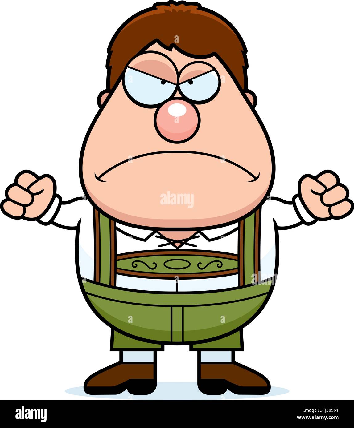 A cartoon illustration of a German boy in lederhosen looking angry ...