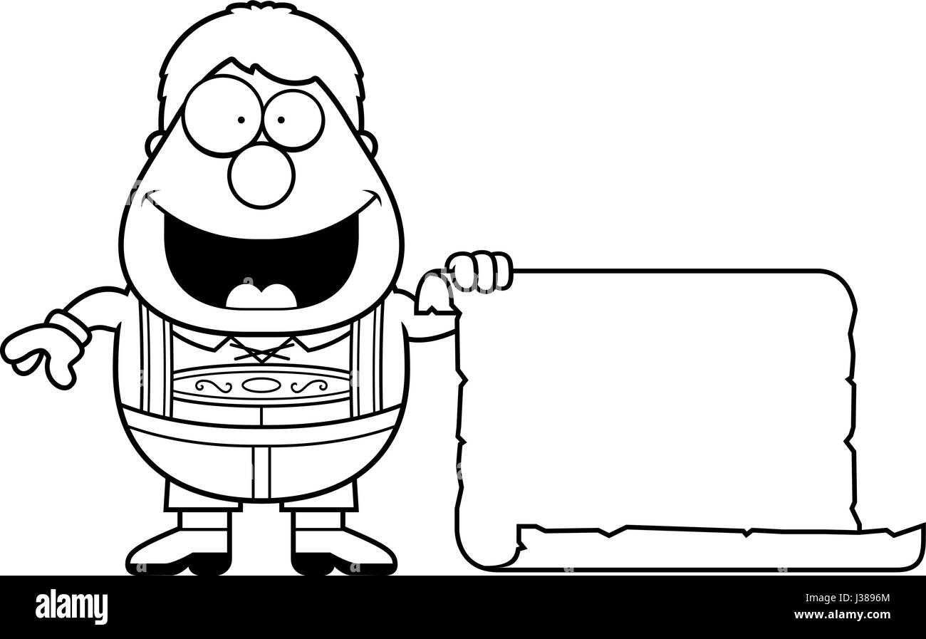 A cartoon illustration of a German boy in lederhosen with a sign Stock ...
