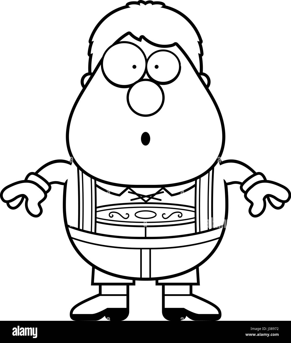 A cartoon illustration of a German boy in lederhosen looking surprised ...