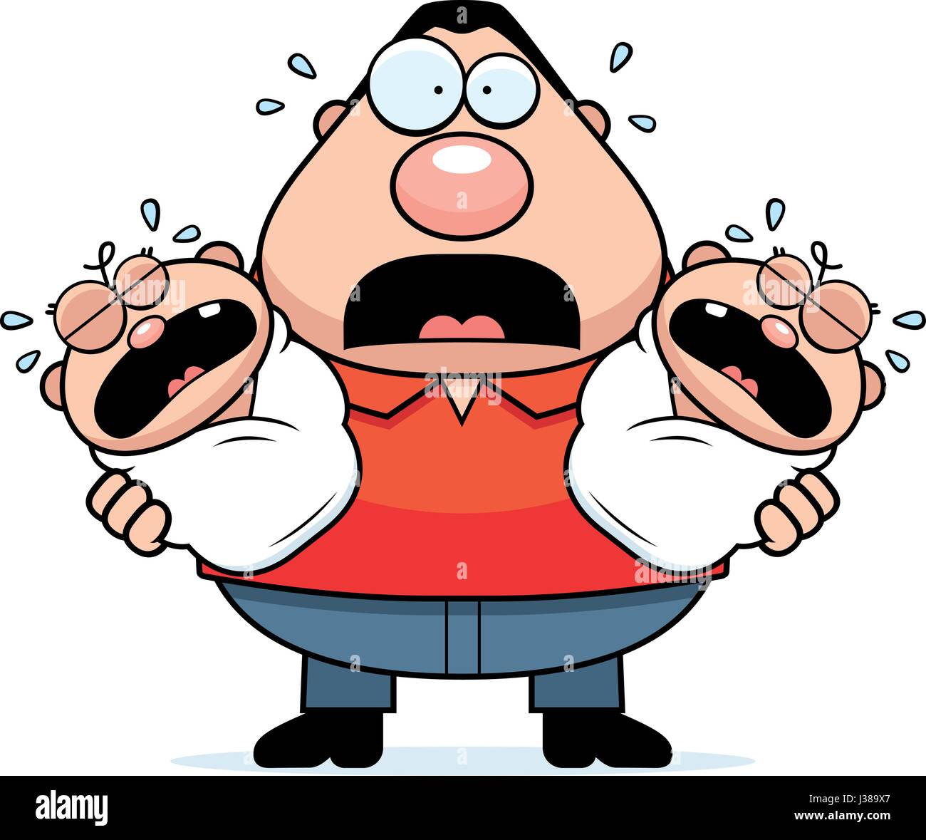 A cartoon illustration of a dad with crying twins looking scared Stock ...