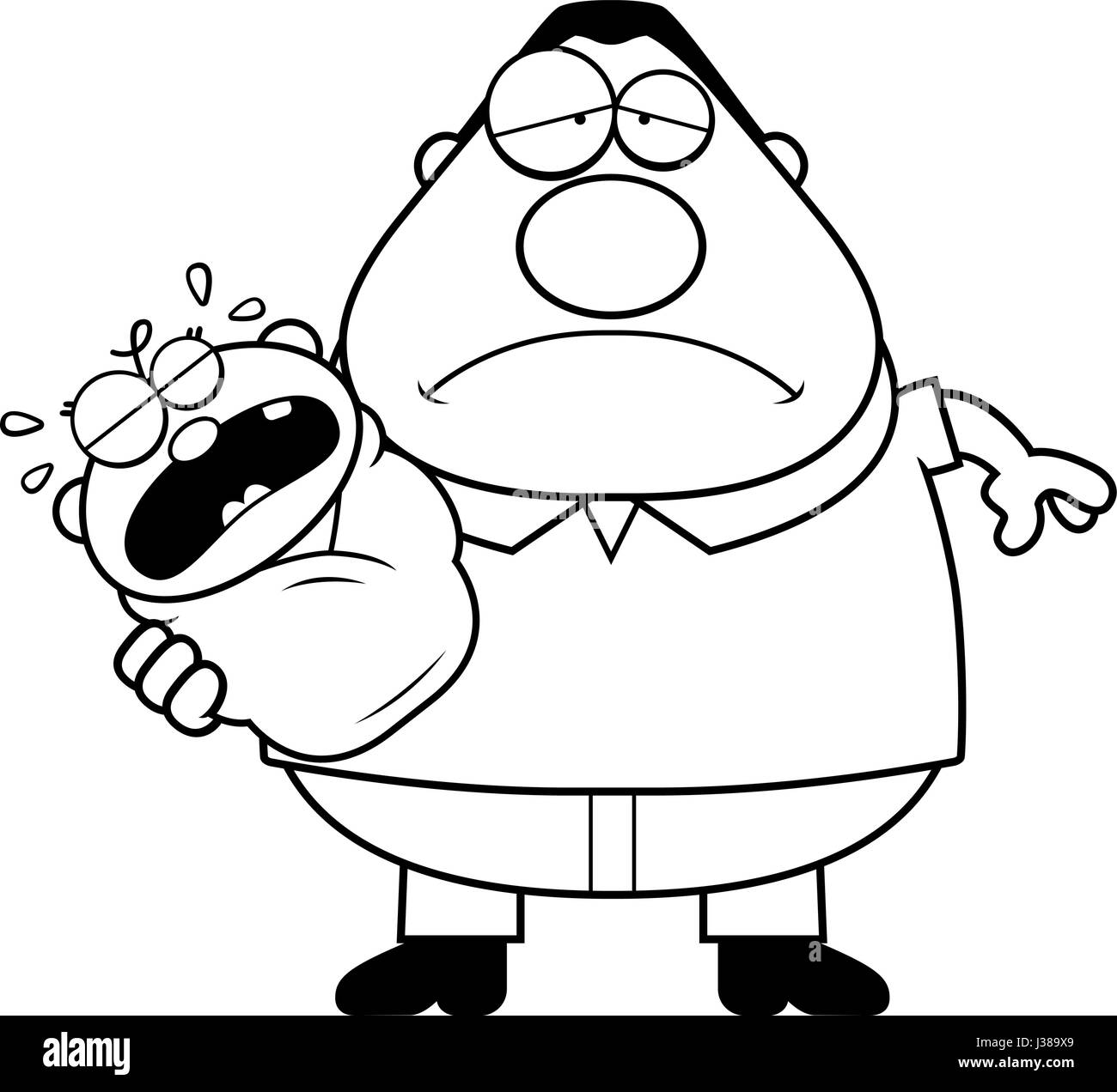 A cartoon illustration of a dad with a crying baby looking tired Stock ...