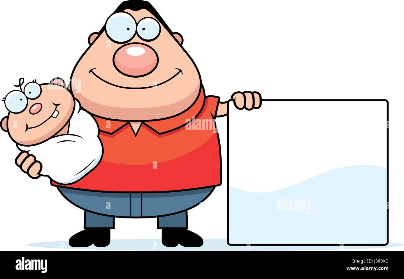 A cartoon illustration of a dad with a baby and a sign Stock Vector ...