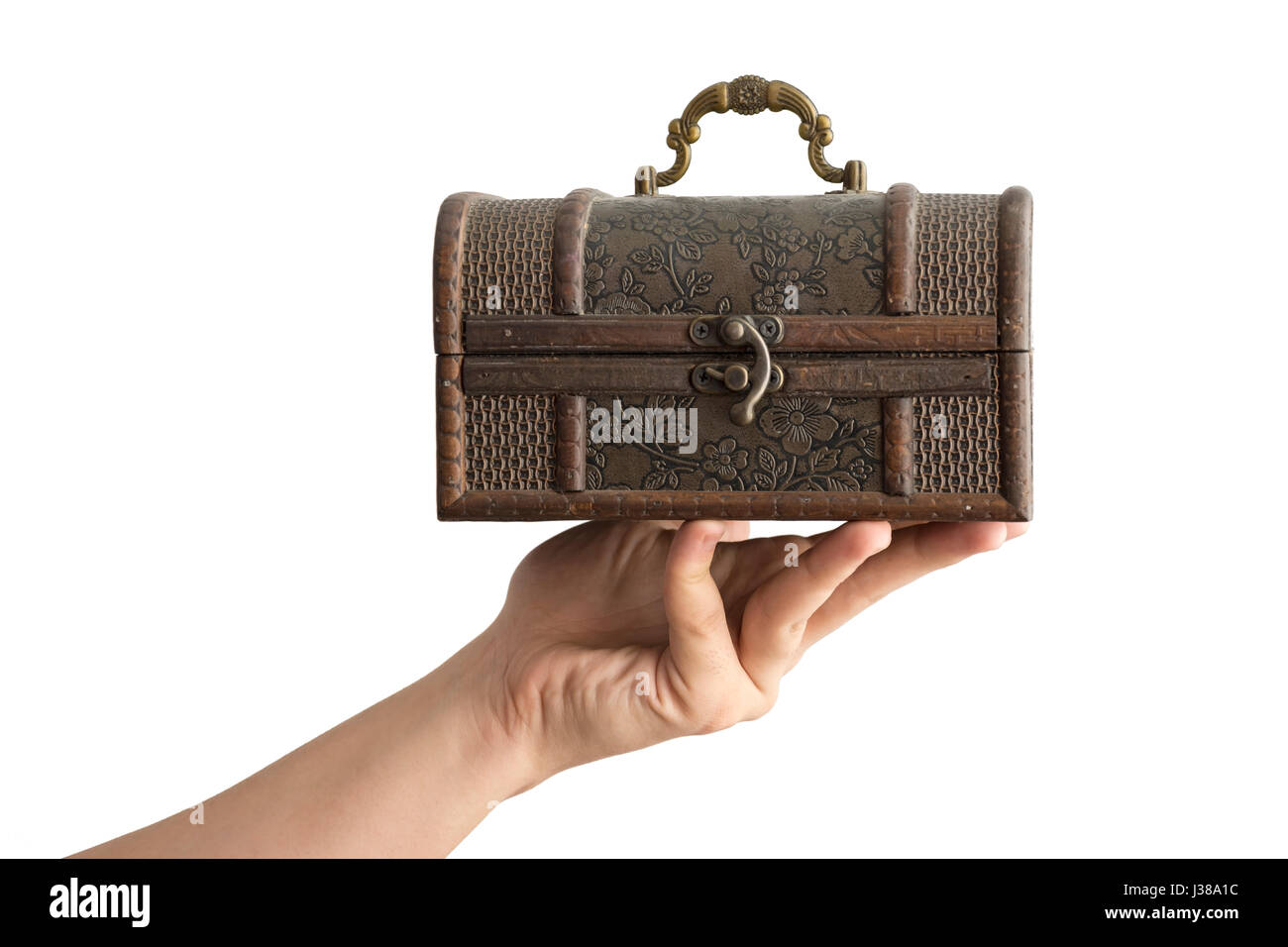 A Hand Holding a Traditional Olden Closed Box isolated on white ...