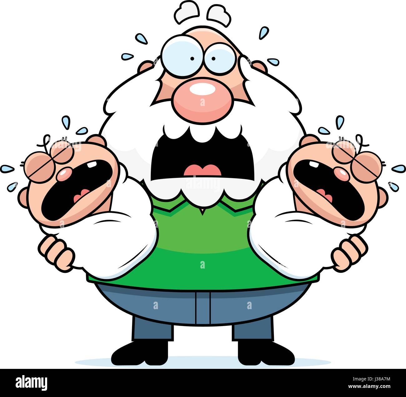 A cartoon illustration of a grandpa with crying twins looking scared ...