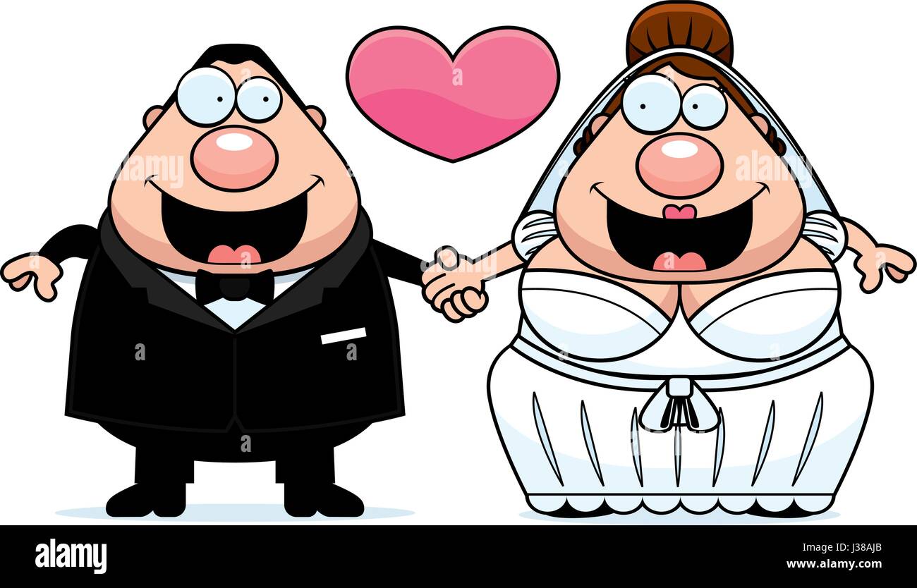 A cartoon illustration of a bride and groom holding hands and in love ...