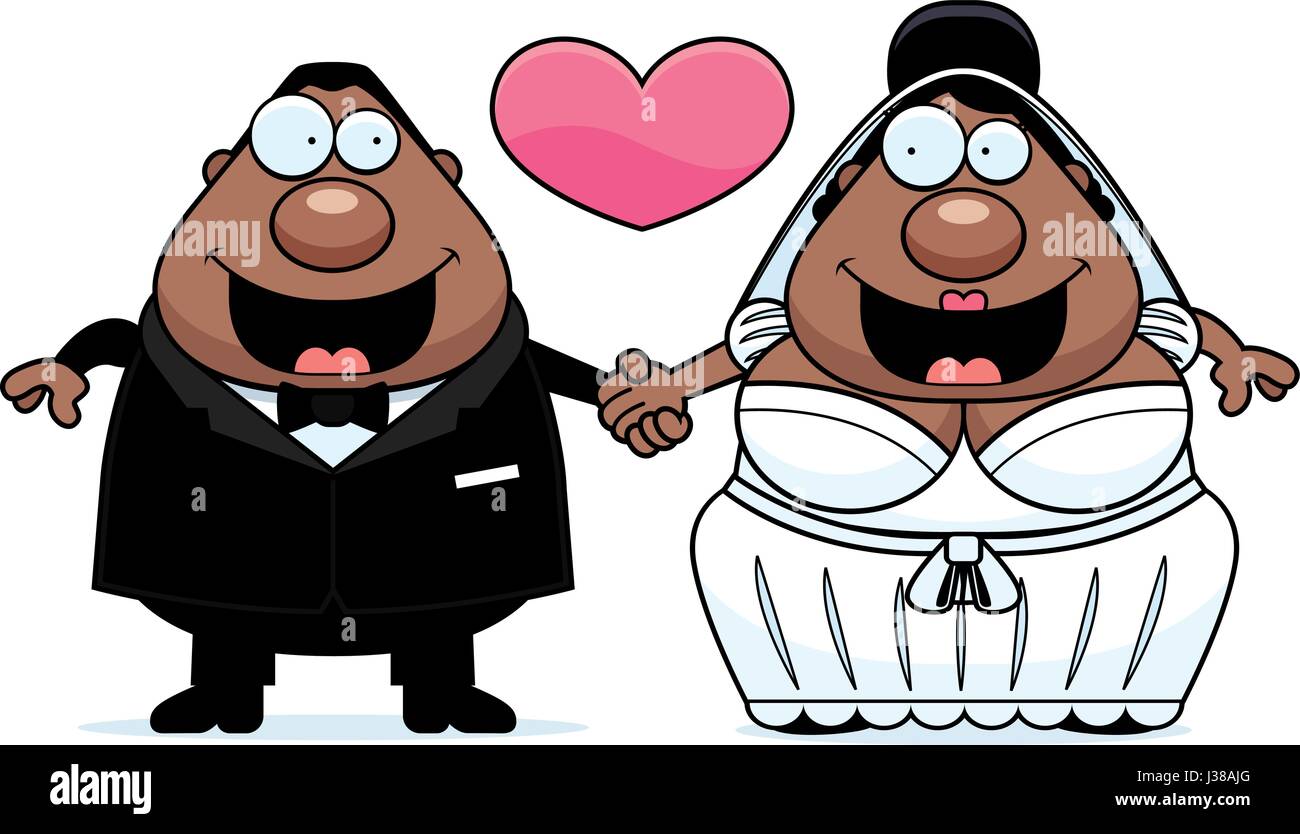 A cartoon illustration of a bride and groom holding hands and in love ...