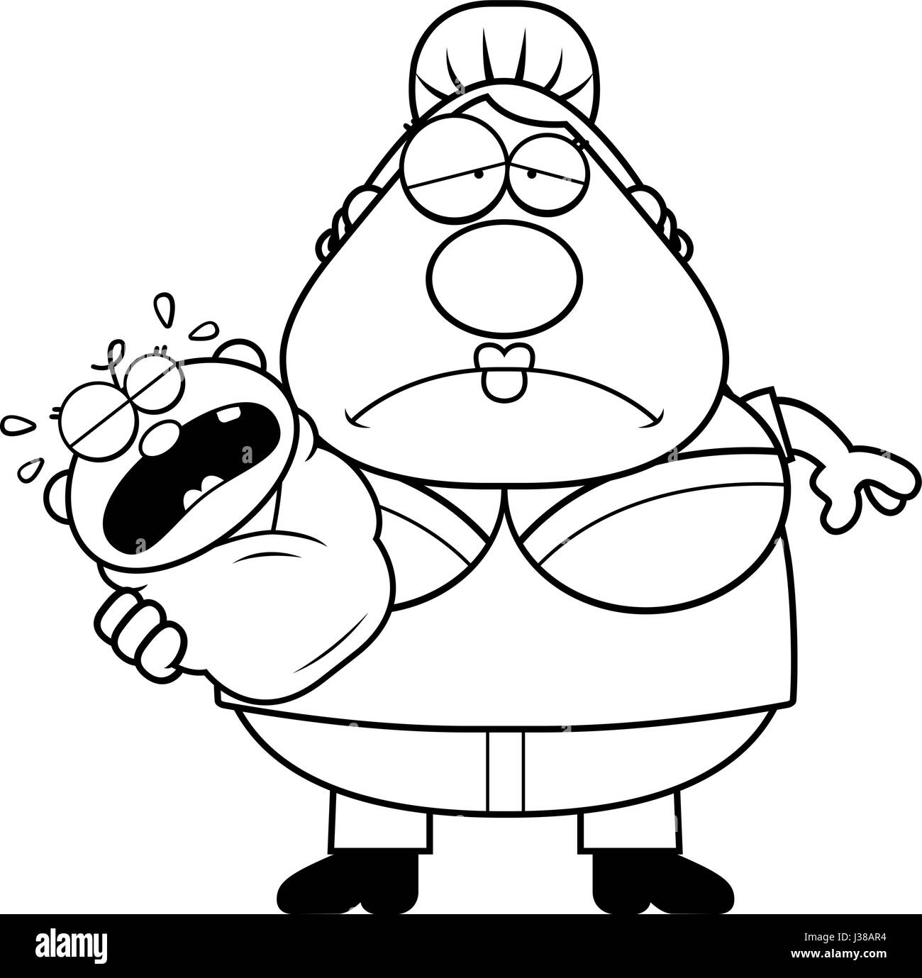 A cartoon illustration of a mom with a crying baby looking tired Stock ...