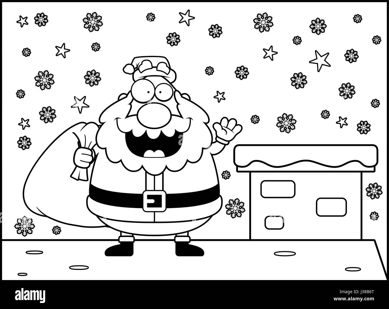 A cartoon illustration of Santa Claus on a rooftop next to a chimney ...