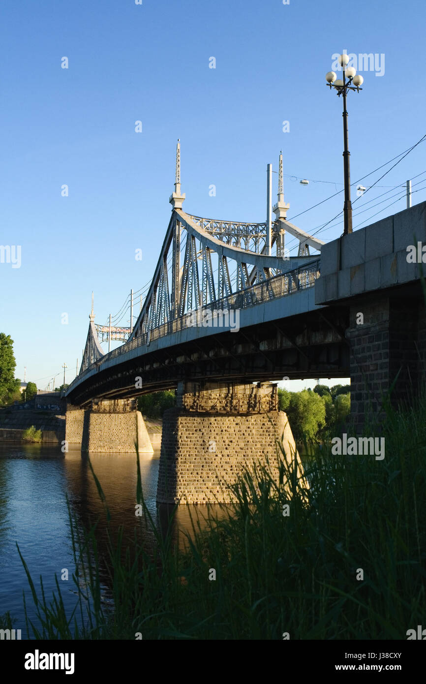 A beautiful bridge over the Volga River in the city of Tver. Russia ...
