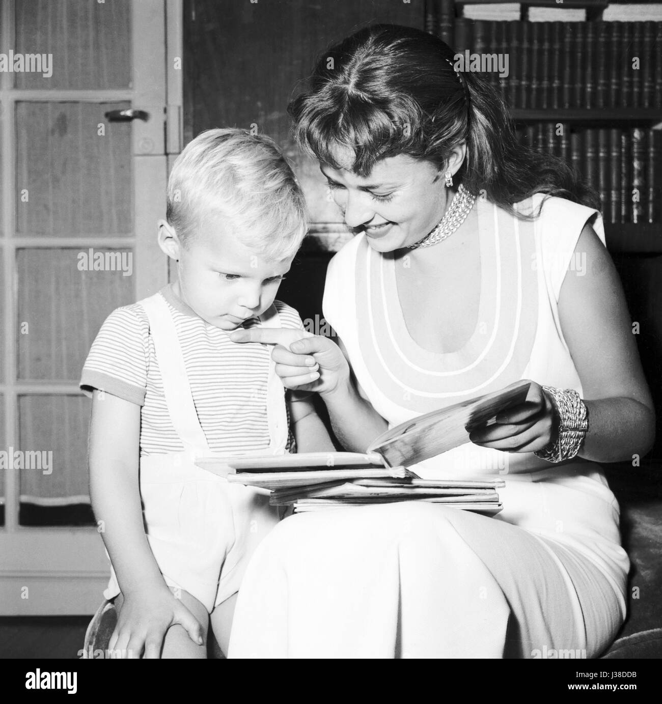 Jeanne Moreau, French actress, at home with her son Jerome. c.1952-1953 ...