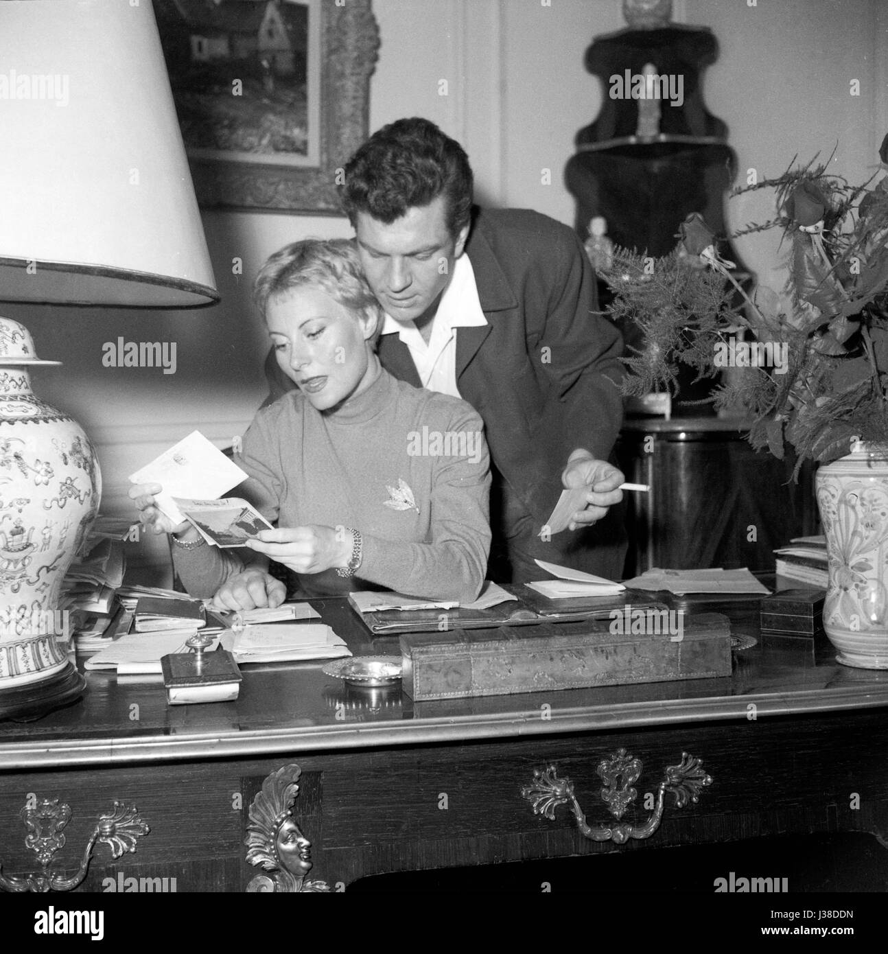 French actress Michèle Morgan in 1954, in her apartment located at the ...