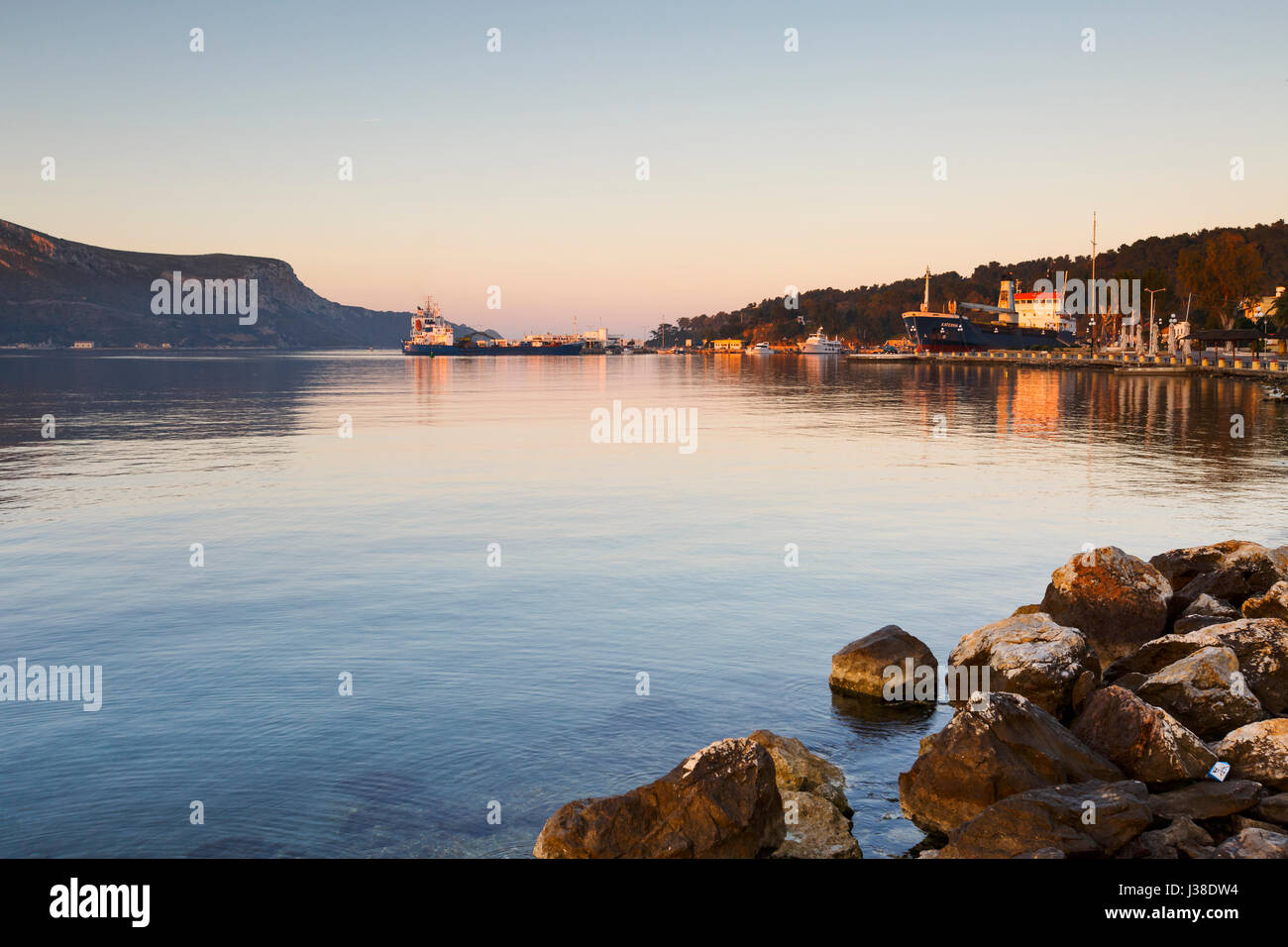 Port in Lakki village on Leros island in Greece early in the morning ...