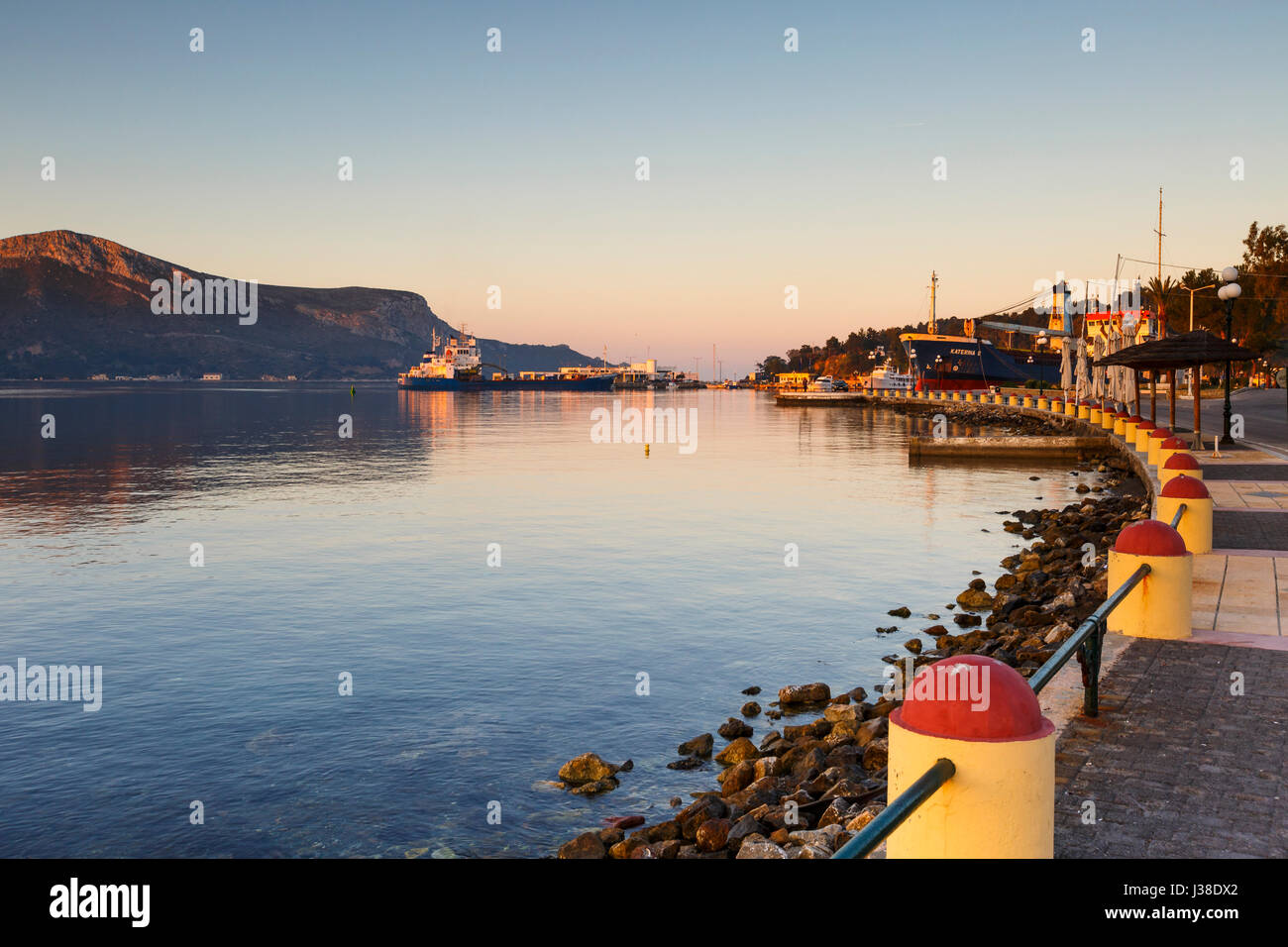 Port in Lakki village on Leros island in Greece early in the morning ...