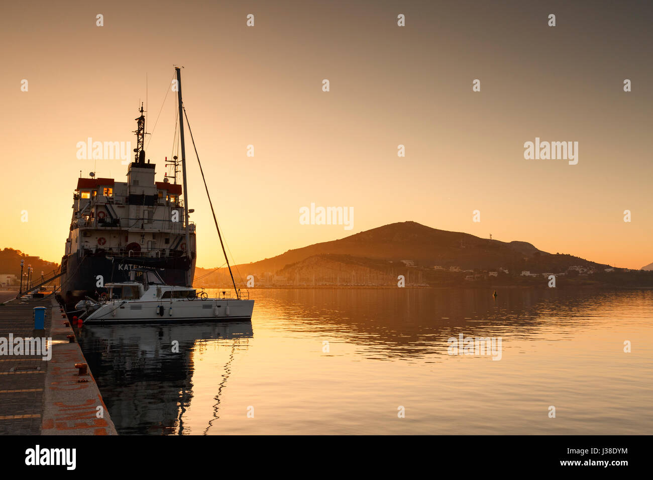 Port in Lakki village on Leros island in Greece early in the morning ...