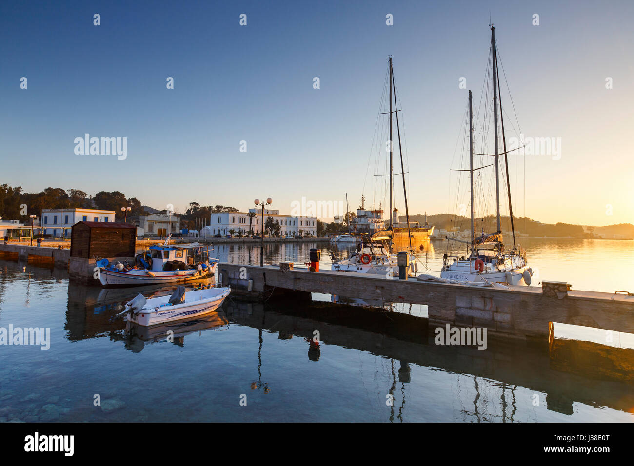 Port in Lakki village on Leros island in Greece early in the morning ...