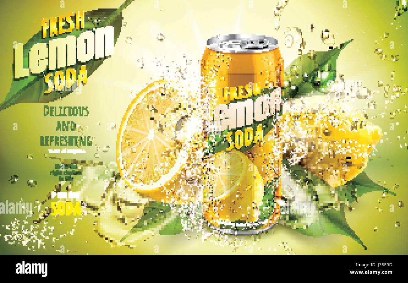 fresh lemon soda ad, with cool water flows and lemon leaf elements, 3d ...