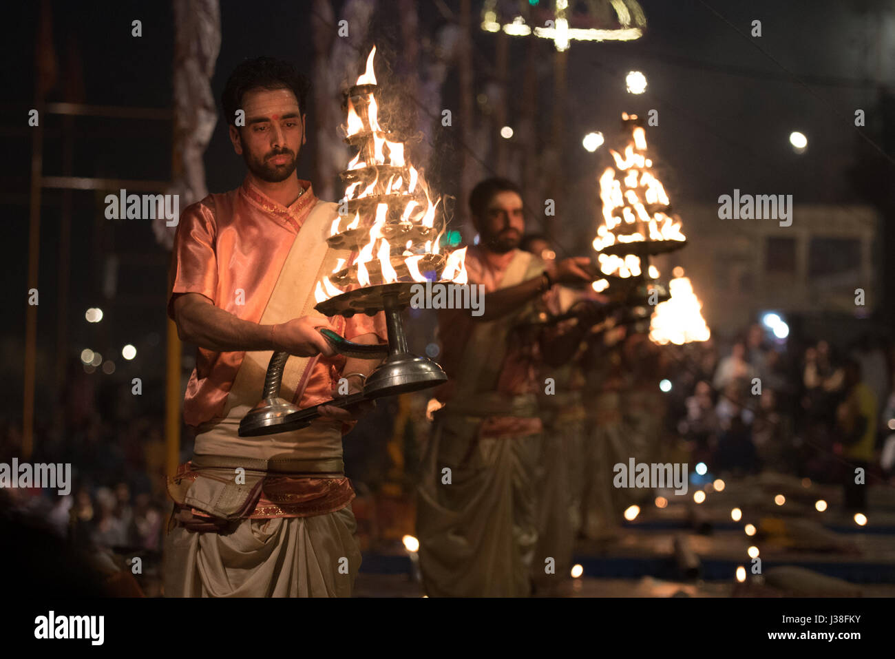 Evening ritual performed at Dasaswamedh Ghat in Varanasi, India Stock ...