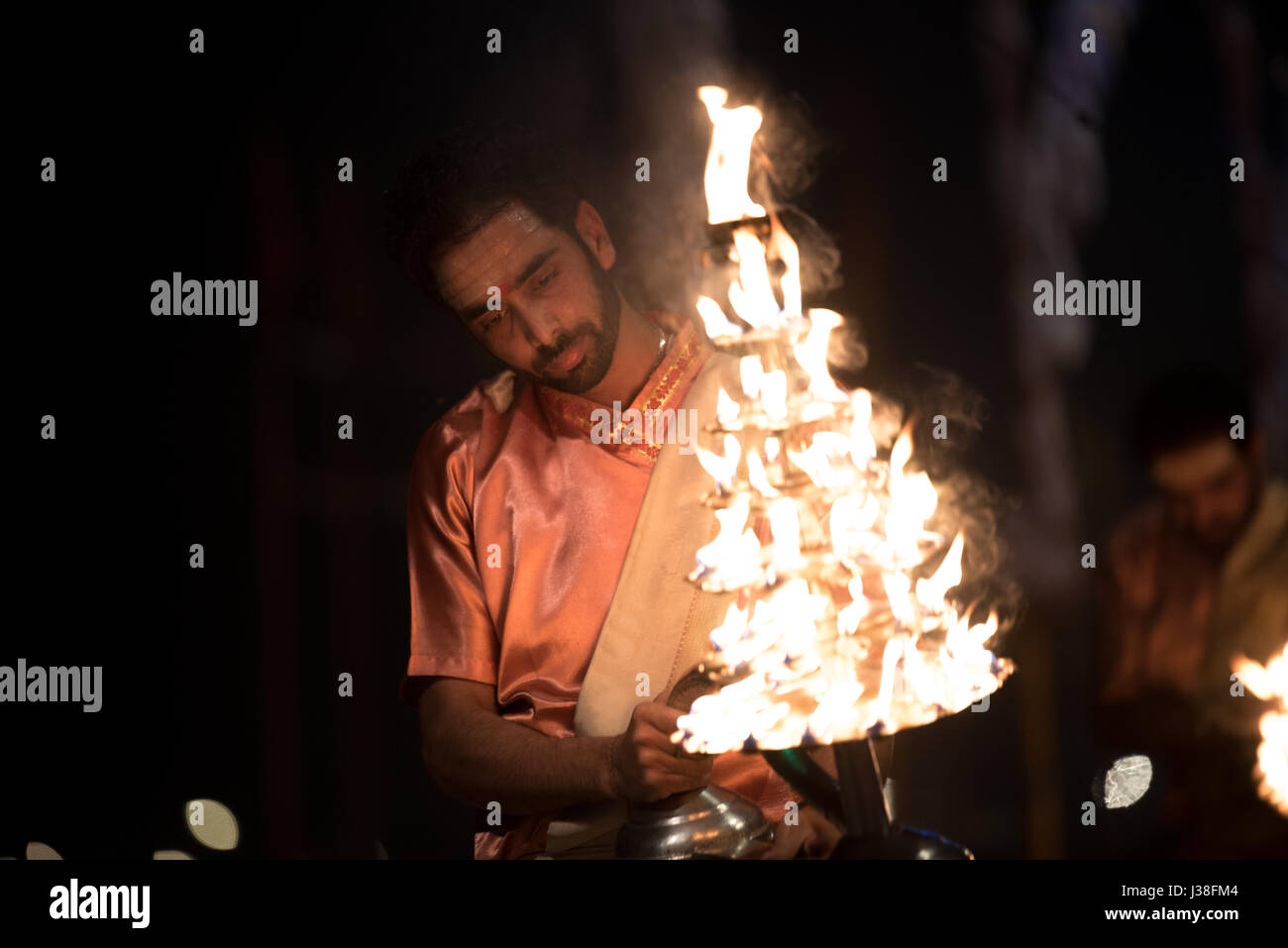 Evening ritual performed at Dasaswamedh Ghat in Varanasi, India Stock ...