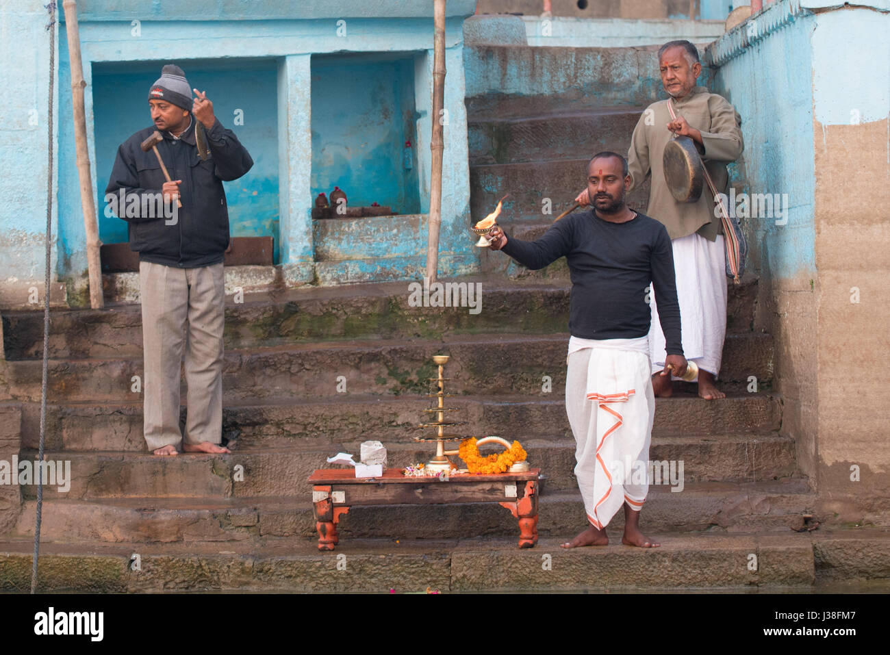 Early morning Hindu ritual at the river Ganges in Varanasi, India Stock ...