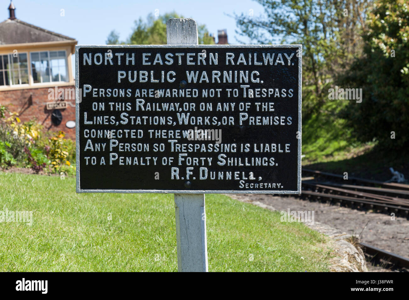 Warning notice to keep off the railway lines at Beamish Museum,Co ...
