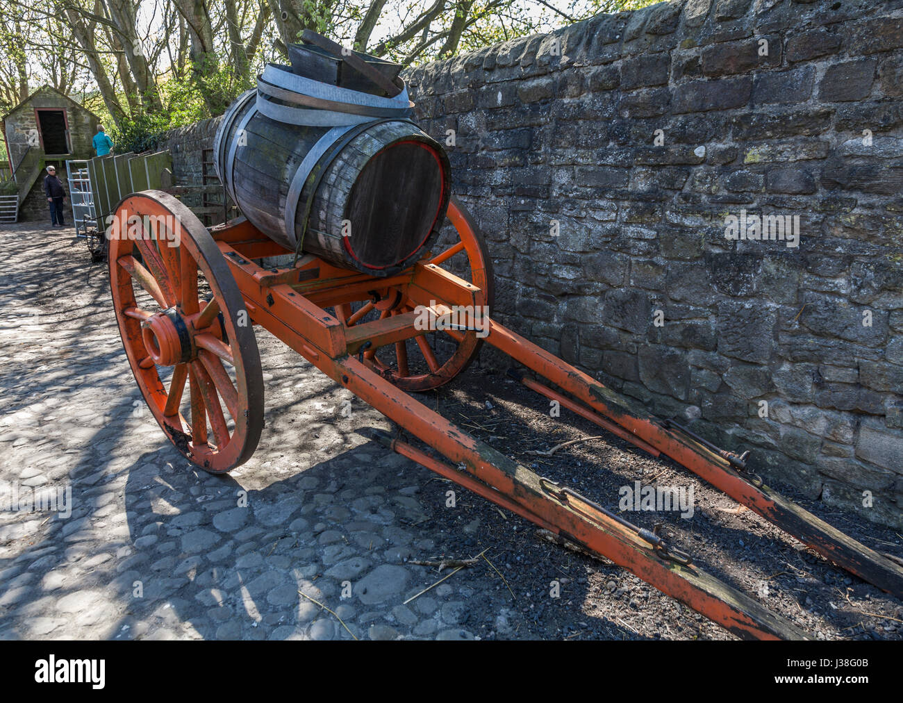 A cart with a barrel on the back at the farm at Beamish Museum,Co ...