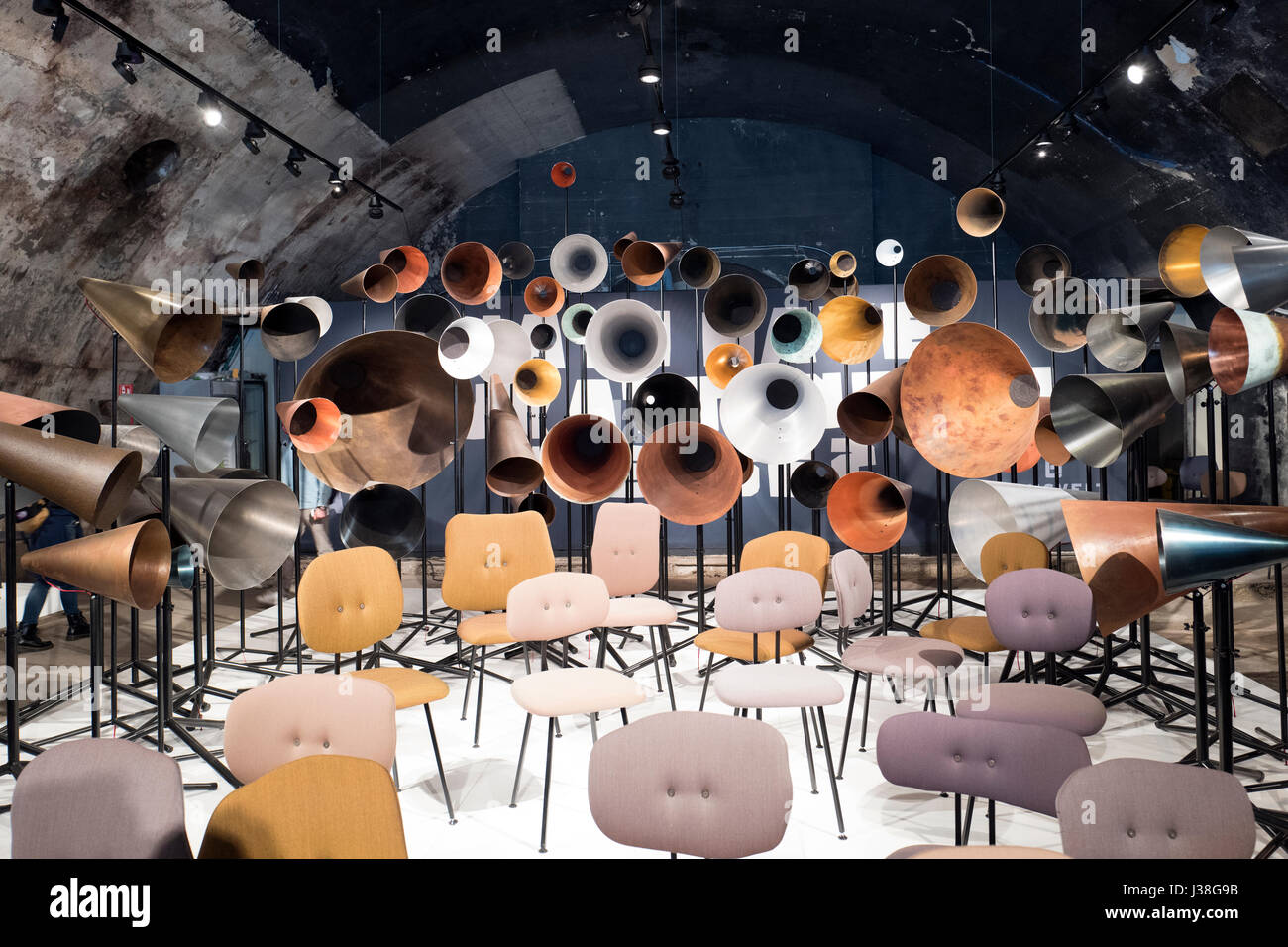 Design chairs displayed at the international design week fair Salone ...