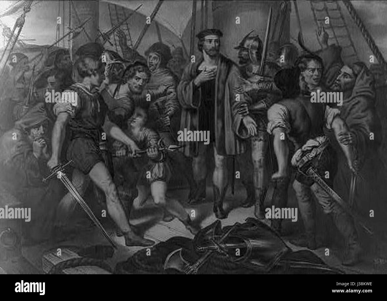 This artwork depicts Christopher Columbus calming a rebellion aboard ...