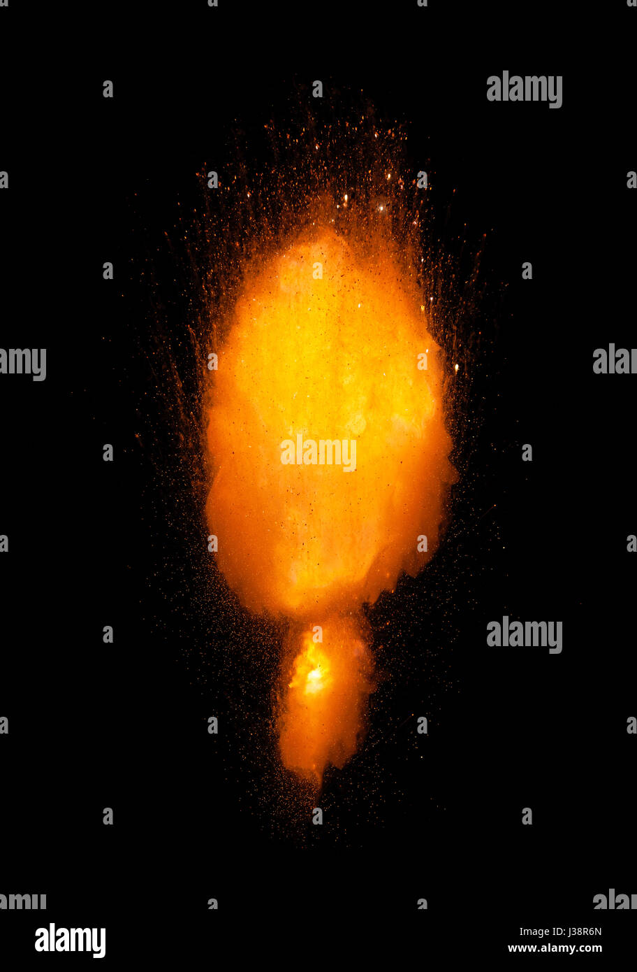 Realistic fiery explosion, orange color with sparks isolated on black ...