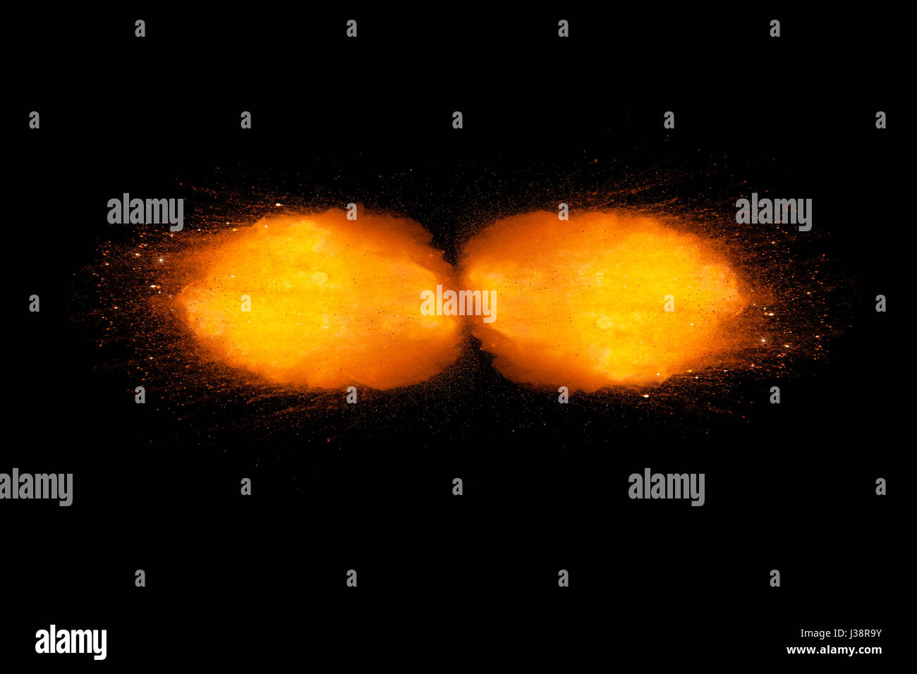 Realistic fiery explosion, orange color with sparks isolated on black ...