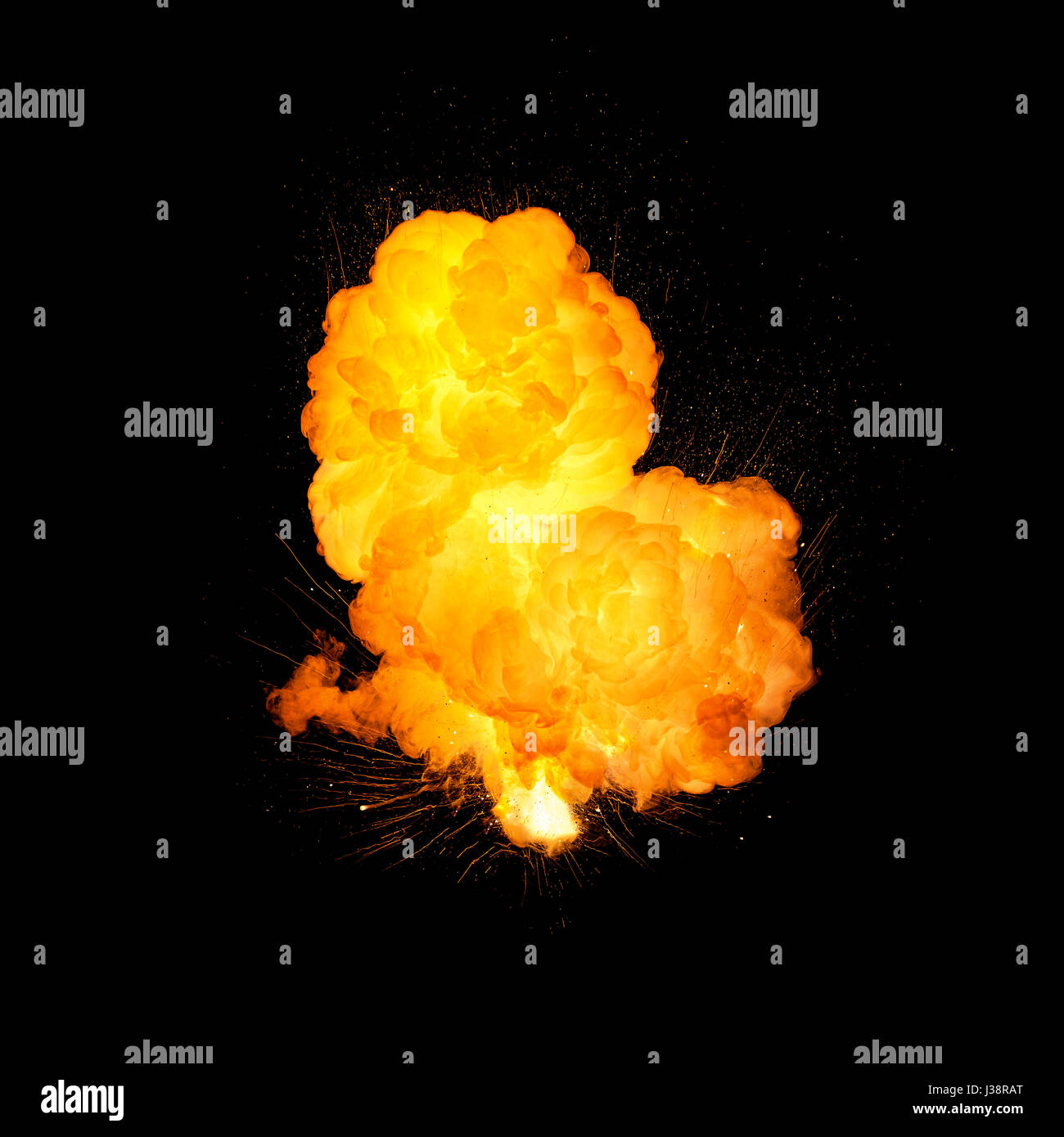 Realistic fiery explosion, orange color with sparks isolated on black ...