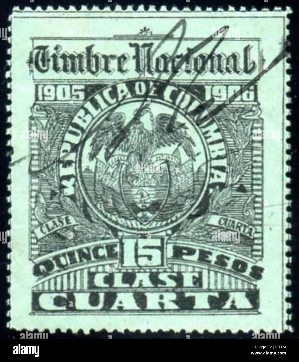 The *Colombia 1905-06 revenue stamp* is a historical fiscal stamp ...