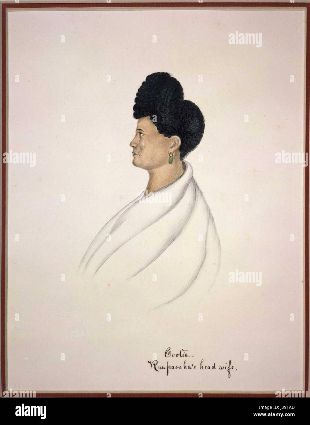 A watercolor painting by Isaac Coates depicts Rauparaha's head wife ...