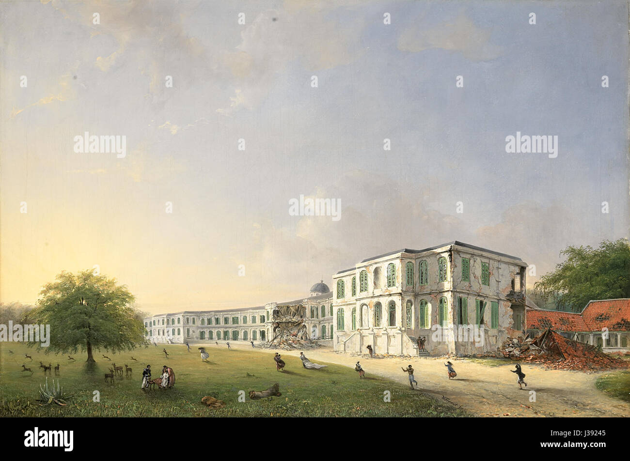 This image shows the front view of the Buitenzorg Palace in Java ...