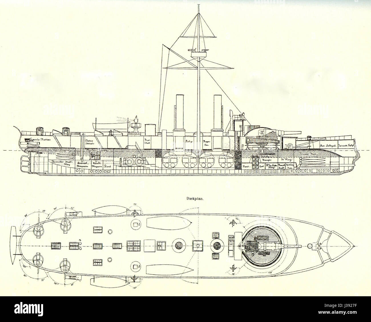 A historical illustration or plan of the Danish ironclad warship ...