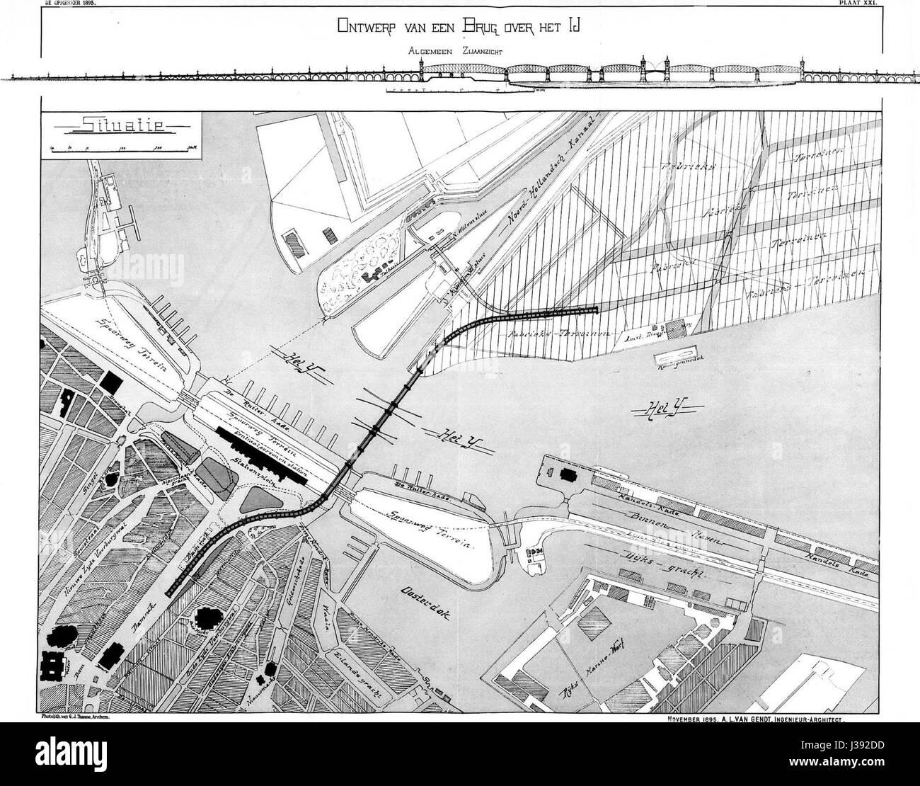 This design depicts an architectural proposal for a bridge over the IJ ...