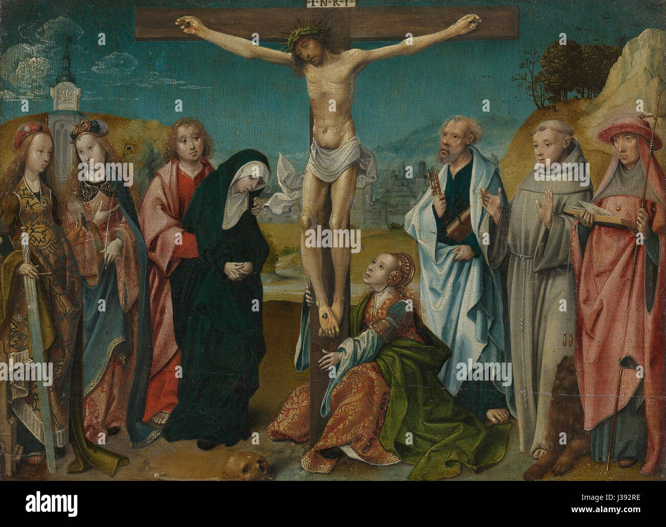 This painting, 'Christ on the Cross with Mary, John, Mary Magdalene, and Saints Cecilia and ...