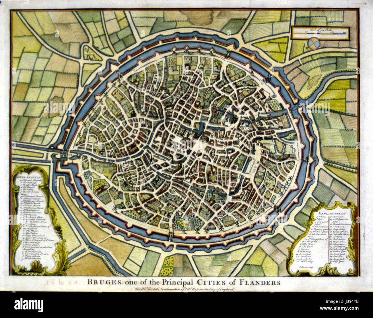 A color map of Bruges, created by Isaac Basire in 1742, depicting the ...