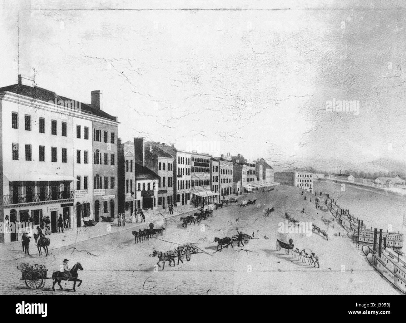 This 1838 illustration depicts the Cincinnati Harbour, showcasing the ...