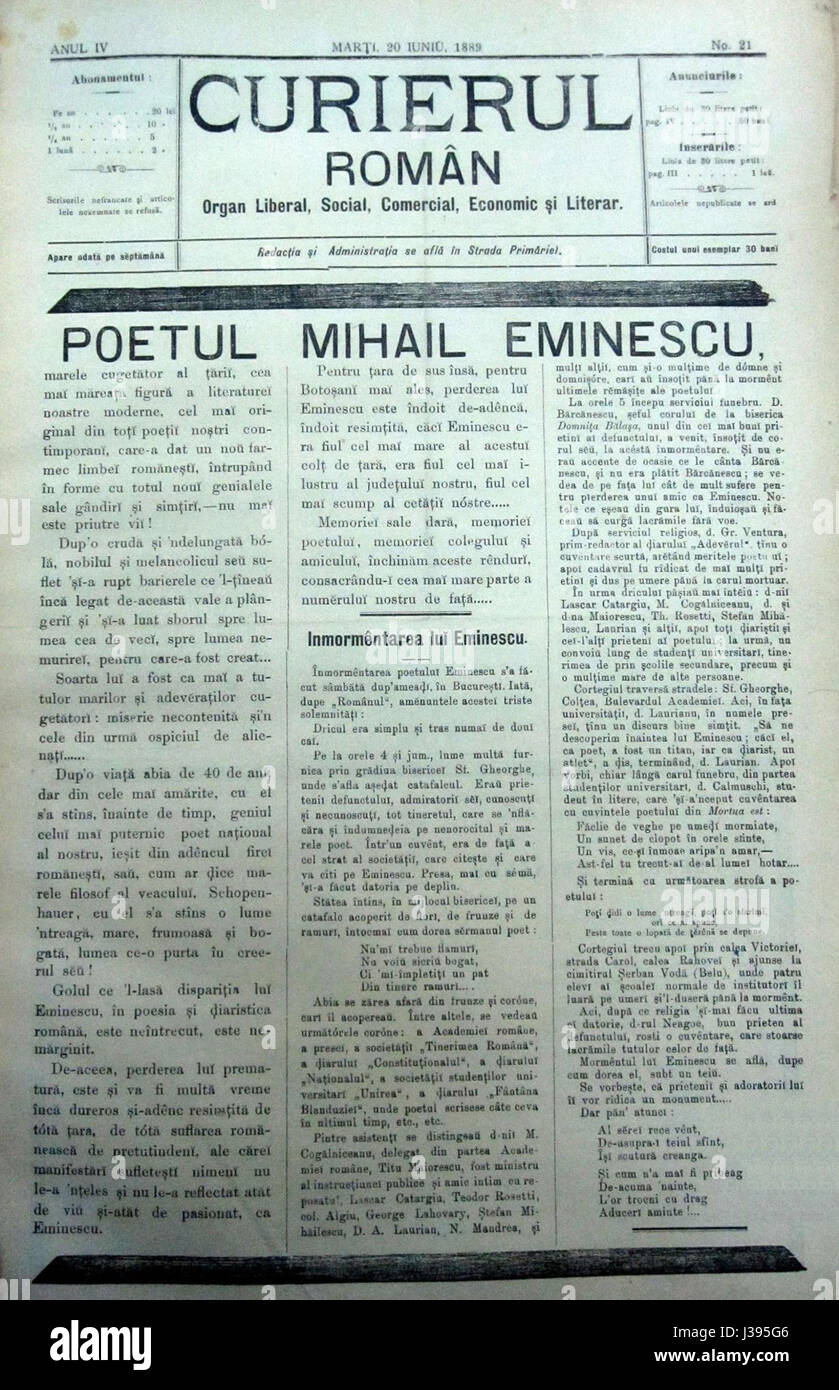 Curierul Roman 20 iunie 1889 Stock Photo - Alamy