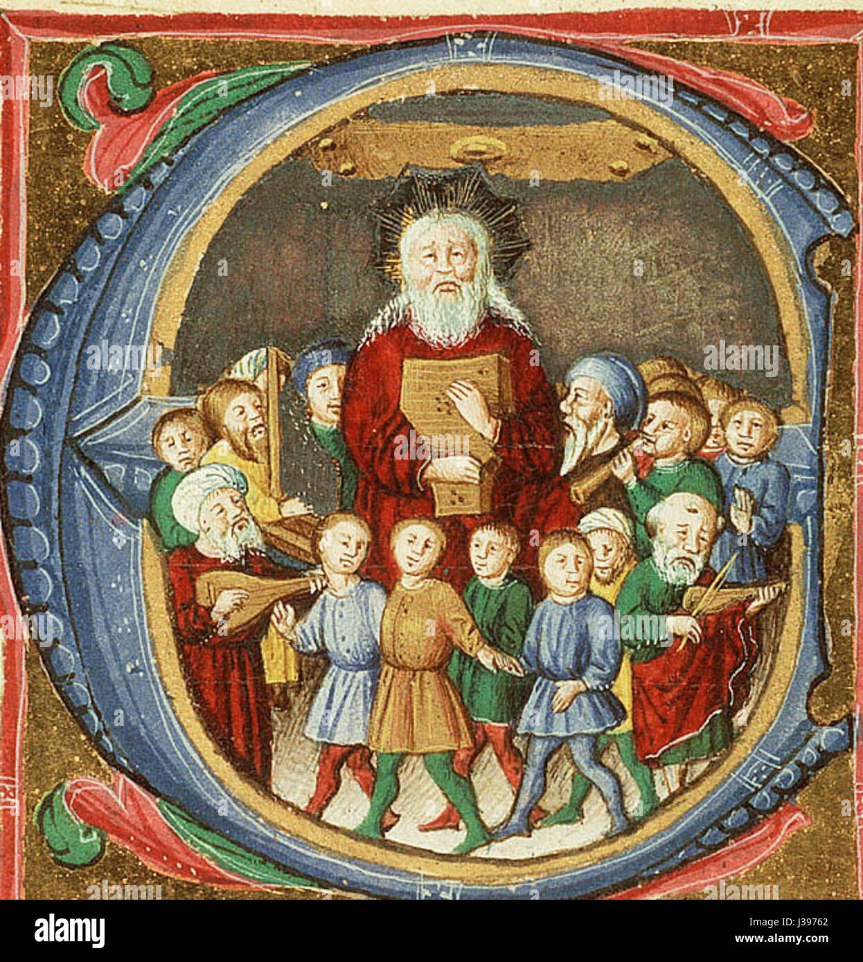 This artwork depicts the biblical King David playing music, surrounded ...